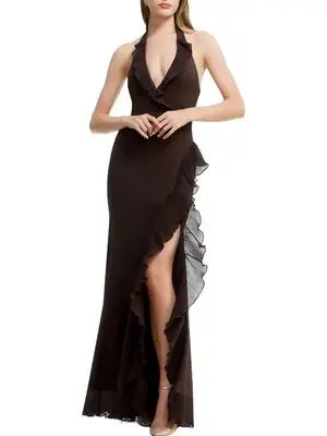 Dress The Population Kathleen Ruffle Halter Gown With Train - Mocha