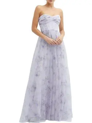 Dessy Collection Floral Print Strapless Tulle Gown - Lilac Haze Garden