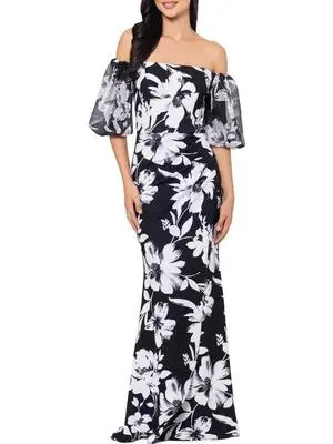 XSCAPE EVENINGS Floral Off-the-shoulder Gown - Black/white