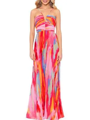 XSCAPE EVENINGS Xscape Evenings Print Pleated Gown Fuchsia/ Multi