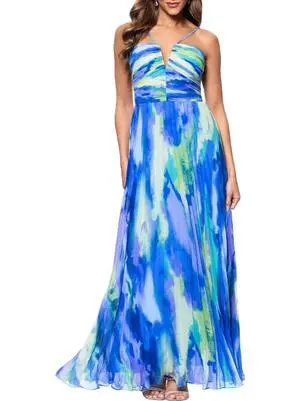 XSCAPE EVENINGS Print Pleated Gown - Lime/ Blue