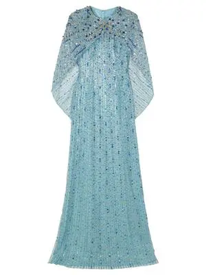 Jenny Packham Cape-effect Embellished Tulle Gown - Blue