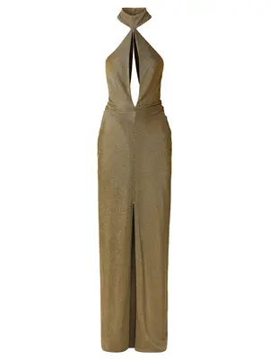 TOM FORD Cutout Metallic Stretch-knit Halterneck Gown - Gold