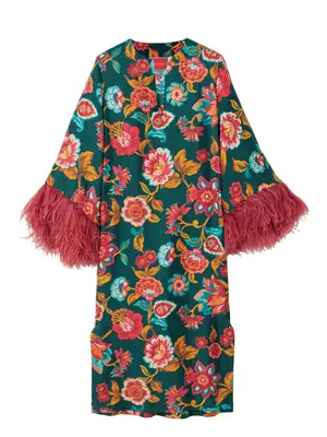 La DoubleJ Feather-trimmed Floral Kaftan - Multi