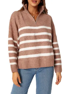 PETAL & PUP Petal & Pup Miranda Stripe Quarter Zip Sweater Taupe