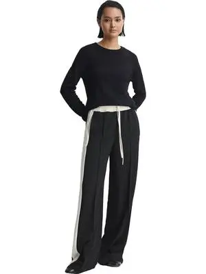 REISS Wide Leg Contrast Stripe Trousers - Black