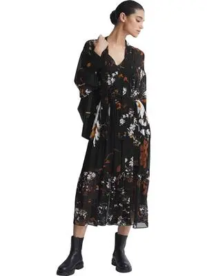 REISS Charlotte Floral Midi Dress - Black/brown