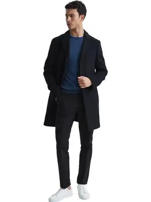 REISS Gable Single Breasted Overcoat Black