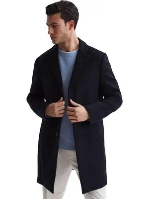 REISS Gable Single Breasted Overcoat - Navy