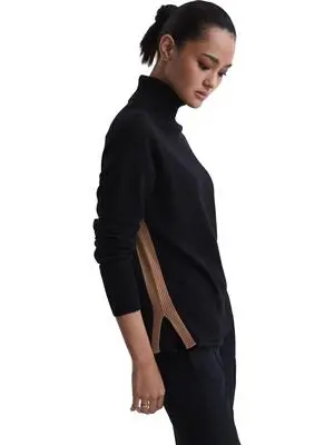 REISS Alexis Wool Blend Roll Neck Jumper - Black/camel