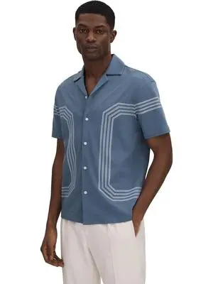 REISS Arlington Mercerised Cotton Embroidered Cuban Collar Shirt - Airforce Blue