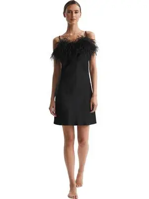 Sleeper Feather Trim Mini Slip Dress - Black