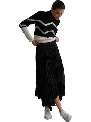 REISS Dina Pleated Asymmetric Midi Skirt - Black