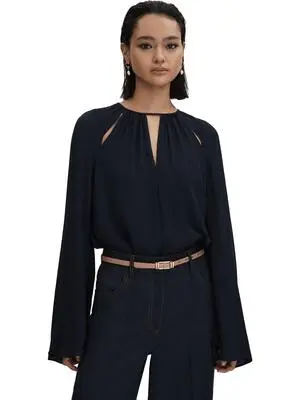 REISS Gracie Cut-out Blouse - Navy