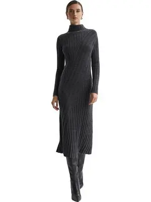 REISS Cady Knitted Roll Neck Midi Dress - Charcoal