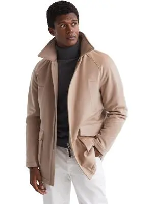 REISS Mandarin Zip Through Cashmere Coat - Cream