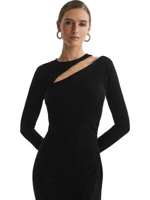 REISS Macey Petite Velvet Cut-out Midi Dress - Black