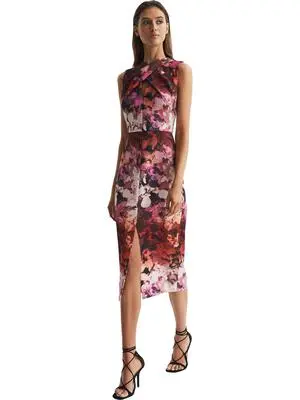 REISS Floral Printed Bodycon Midi Dress - Berry