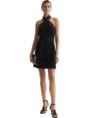 REISS Alexis Fitted Halter Neck Mini Wrap Dress - Black