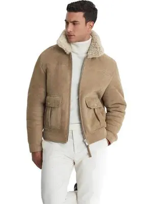 REISS Suede Sheepskin Zip-through Jacket - Stone