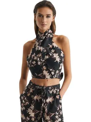 REISS Ally Printed Linen Halterneck Crop Top - Black