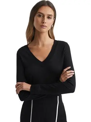 REISS Brady Jersey V-neck Top - Black