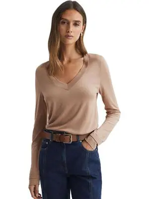 REISS Brady Jersey V-neck Top - Camel