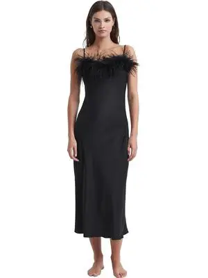 Sleeper Feather Trim Midi Slip Dress - Black