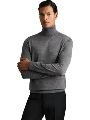 REISS Caine Merino Wool Roll-neck Jumper - Mid Grey Melange