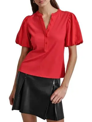 Dkny Puff Sleeve Mixed Media Henley Top - Flame