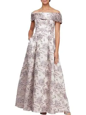 Alex Evenings Metallic Floral Jacquard Gown - Mauve