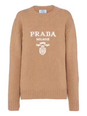 Prada Cashmere And Wool Logo Crew-neck Sweater - Camel Brown