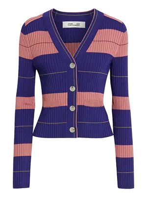 Diane Von Furstenberg Tereza Striped Ribbed-knit Cardigan - Purple