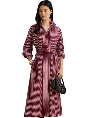 Ralph Lauren Striped Belted Broadcloth Shirtdress - Burgandy/white Multi