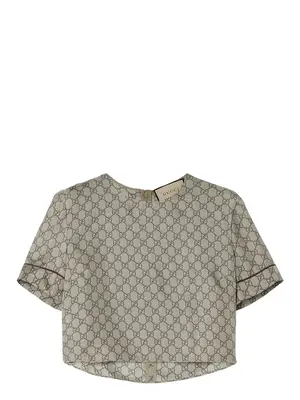 Gucci Gg Supreme Cropped Printed Silk-twill Top - Brown