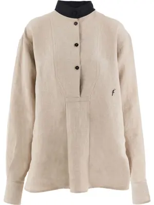 FERRAGAMO Logo-embroidered Linen Shirt - Neutrals