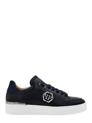 Philipp Plein Leather Low-top Sneakers With Monogram Pattern And Hexagon Logo - Blue