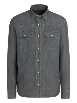 Zegna Cotton & Linen Chambray Snap-up Shirt - Grey
