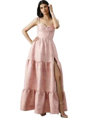 V. CHAPMAN Lucetta Corset Tiered Maxi Dress - Pink Windsor Brocade