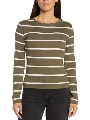 Three Dots Long Sleeve Top Olive Stripe