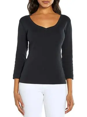 Three Dots Cotton V-neck Three-quarter Sleeve Tee - Black