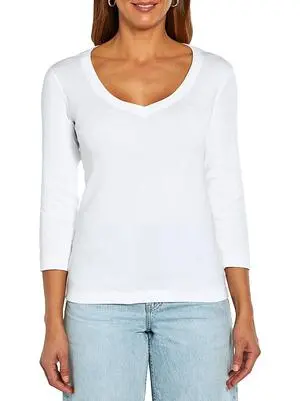 Three Dots Cotton V-neck Tee - White
