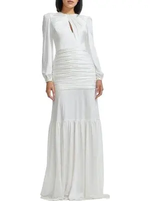 Dress The Population Lucille Pleated Ruched Long Sleeve Gown - White