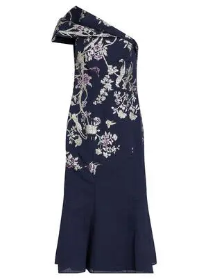 Marchesa One-shoulder Metallic Cloqué-jacquard Midi Dress - Navy