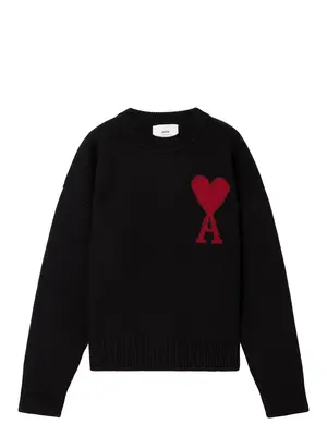 Ami Net Sustain Adc Intarsia Wool Sweater - Black