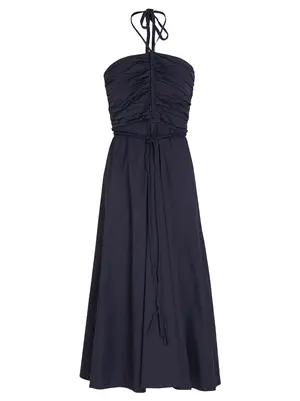 Veronica Beard Tucker Ruched Halterneck Midi Dress - Navy