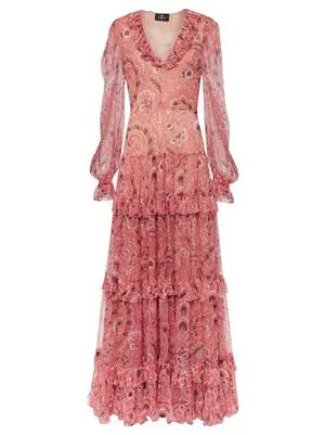 Etro Ruffled Tiered Paisley Silk Gown - Pink