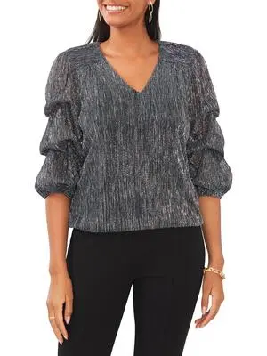 Chaus Metallic Lantern Sleeve Top - Black/silver