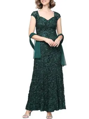 Alex Evenings Soutache Sequin Lace A-line Gown With Wrap - Pine