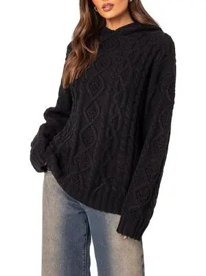 EDIKTED Oversized Cable Knit Hoodie - Black